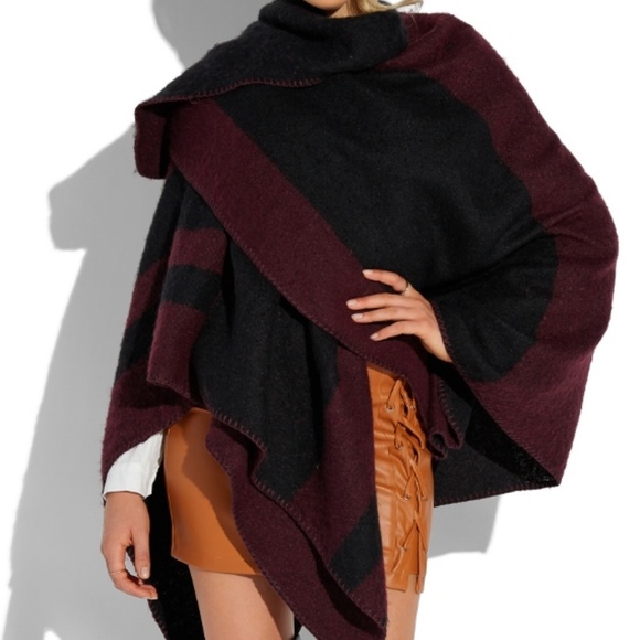 JustFab | Accessories | Large Burgundy Black Stripe Block Ruana Scarf ...